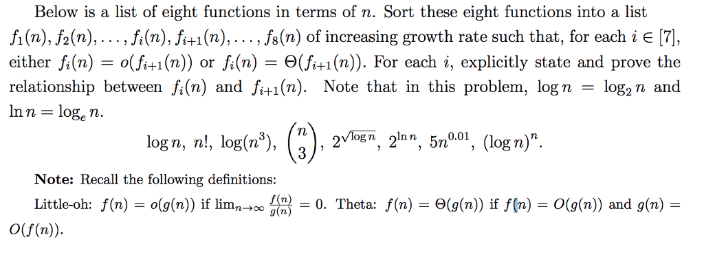 Solved Below is a list of eight functions in terms of n. | Chegg.com