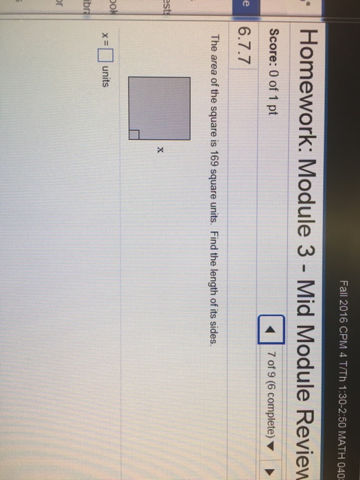 Solved The area of the square is 169 square units. Find the | Chegg.com
