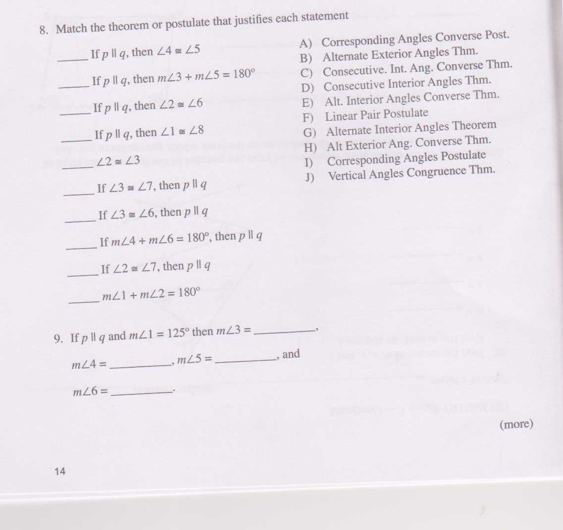 Solved Match The Theorem Or Postulate That Justifies Each