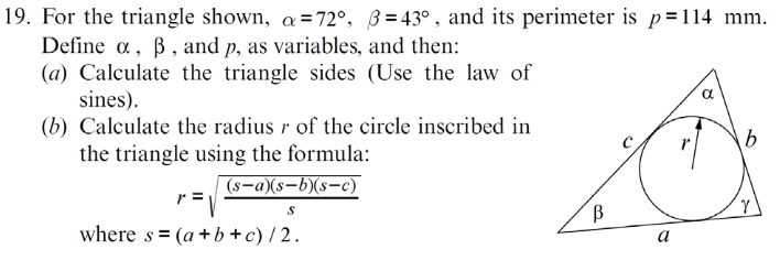 Solved For the triangle shown, alpha = 72 degree, beta = 43 | Chegg.com