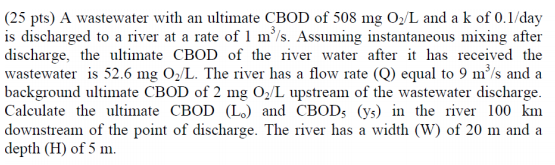 Solved (25 pts) A wastewater with an ultimate CBOD of 508 mg | Chegg.com