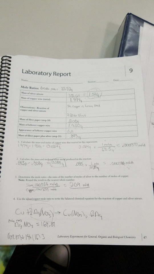 Solved 9 Laboratory Report Mole Ratios Mass of silver | Chegg.com