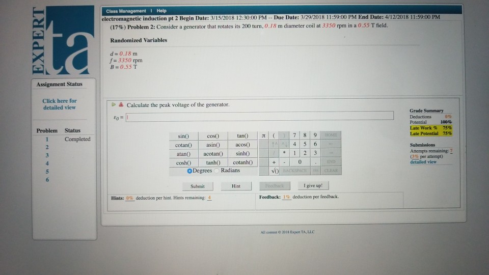 Solved Class Management Help electromagnetic induction pt 2 | Chegg.com