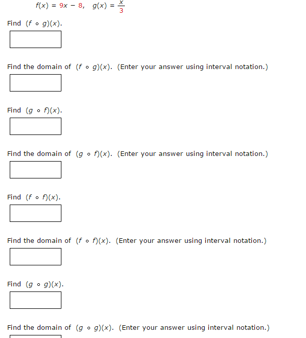 Solved f(x) = 9x - 8, g(x) = x/3Find (f o g)(x).Find the | Chegg.com