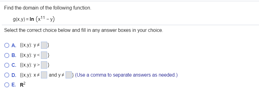 Solved Find the domain of the following function g(x, y) = | Chegg.com
