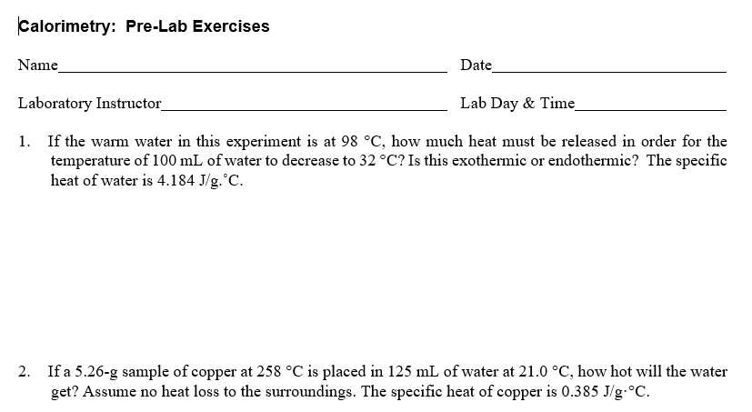 Solved Calorimetry: Pre-Lab Exercises Name Laboratory | Chegg.com