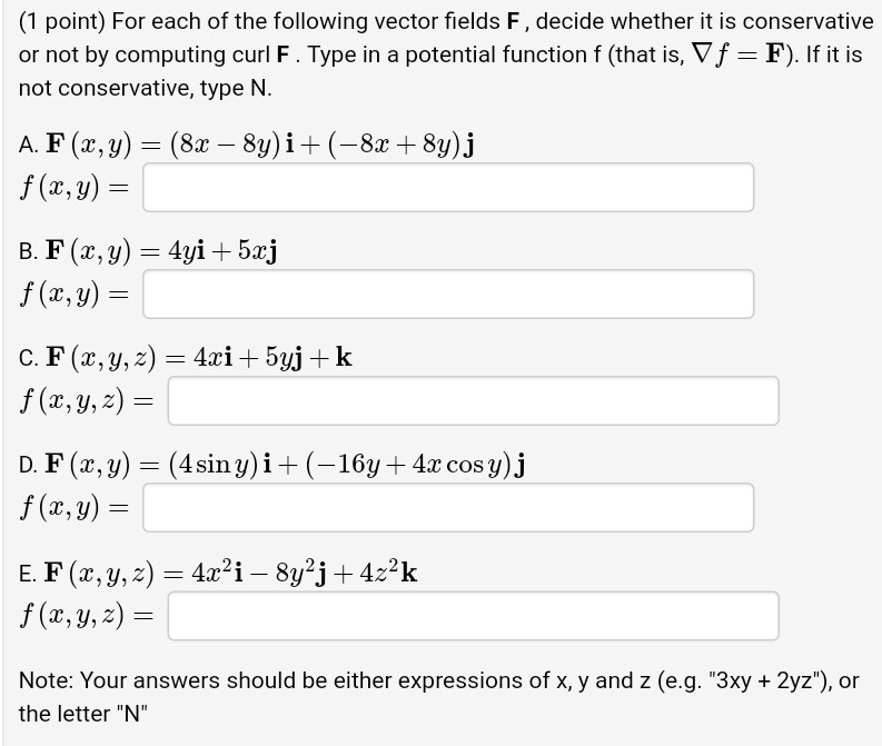 Solved (1 point) For each of the following vector fields F, | Chegg.com