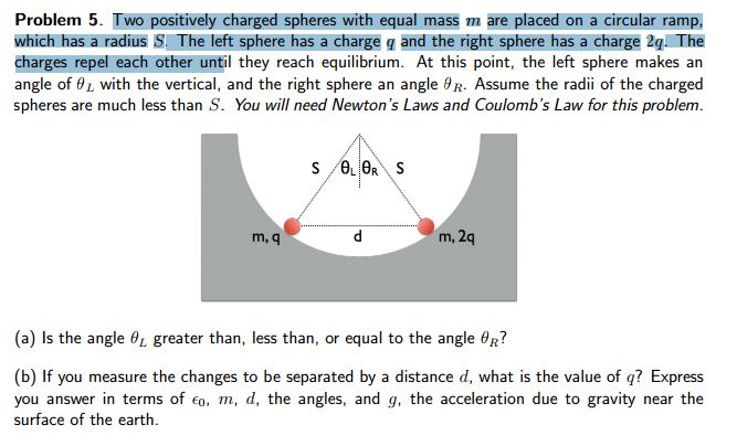 Solved Two positively charged spheres with equal mass m | Chegg.com
