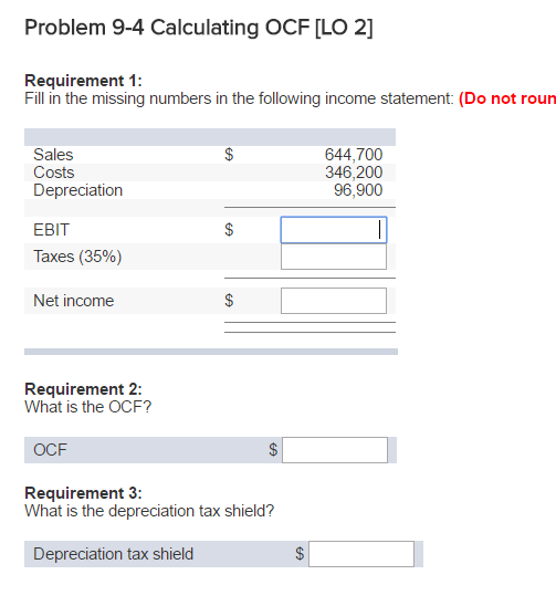 Solved Problem 9-4 Calculating OCF ILO 2] Requirement 1 Fill | Chegg.com