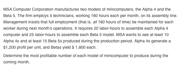 Solved MSA Computer Corporation manufactures two models of | Chegg.com