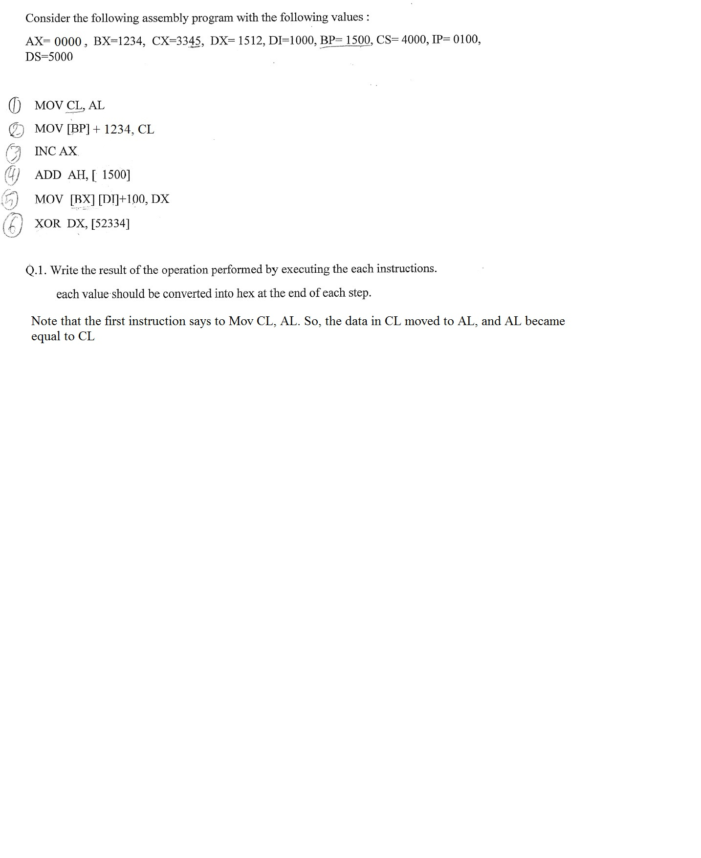 Consider the following assembly program with the | Chegg.com