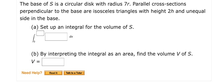 Solved Find the volume V of the described solid S The base | Chegg.com