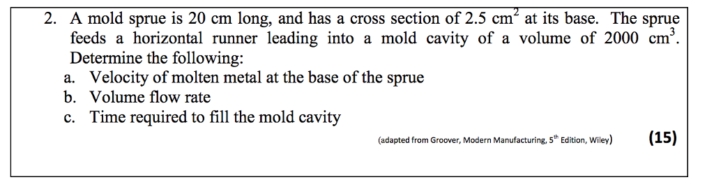 Solved A mold sprue is 20 cm long, and has a cross section | Chegg.com