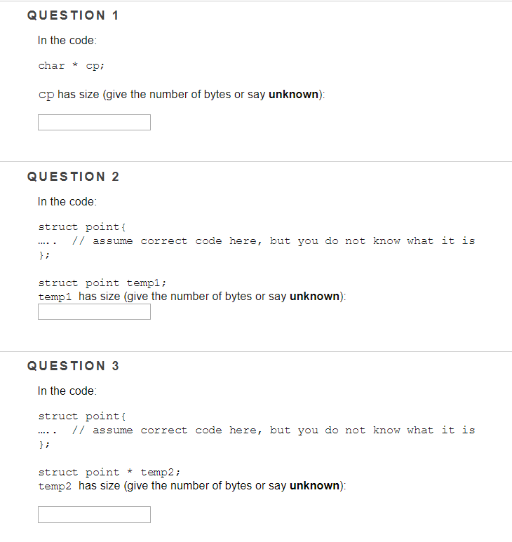 Solved In the code: char * cp: cp has size (give the | Chegg.com