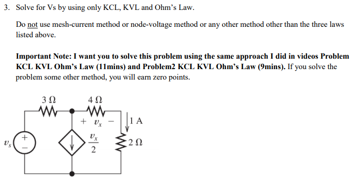 Solved Solve for Vs by using only KCL, KVL and Ohm's Law. | Chegg.com