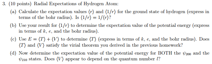 Radial Expectations of Hydrogen Atom: Calculate the | Chegg.com