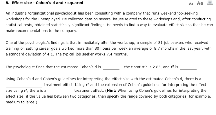 Solved Aa Aa E. 8. Effect size Cohen's d and r squared An | Chegg.com Solved Aa Aa E. 8. Effect size Cohen's d and r squared An | Chegg.com
