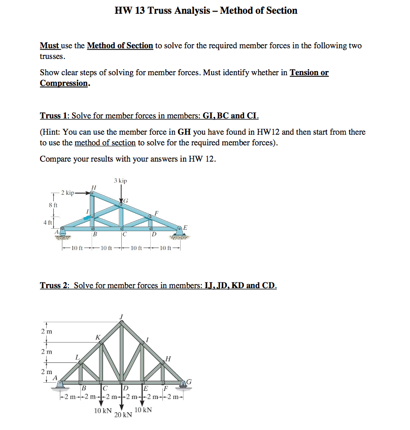 Solved HW 13 Truss Analysis - Method of Section Must use the | Chegg.com