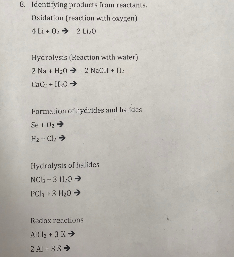 Solved 8. Identifying products from reactants. Oxidation | Chegg.com
