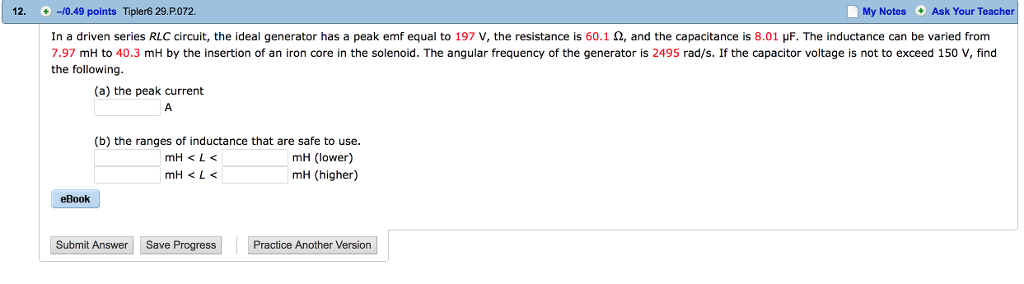 Solved 12. -10.49 points Tipler6 29.P072. My Notes Ask Your | Chegg.com