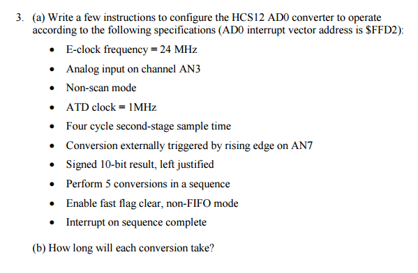 Write a few instructions to configure the HCS12 ADO | Chegg.com