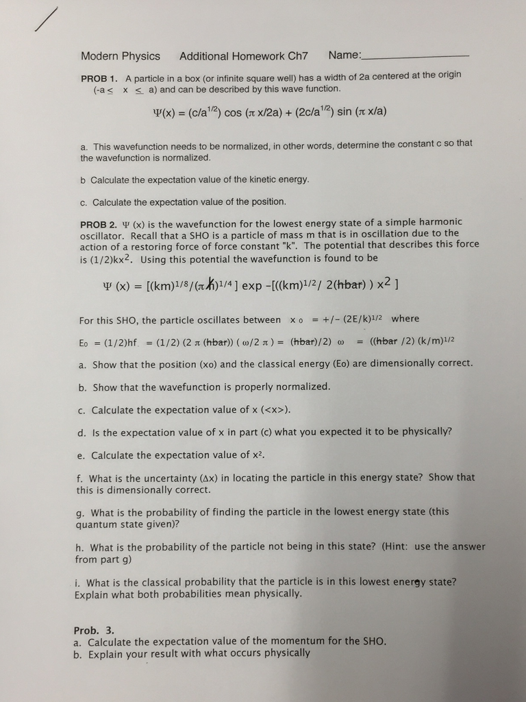 Solved Modern Physics Additional Homework Ch7 Name PROB 1. A | Chegg.com