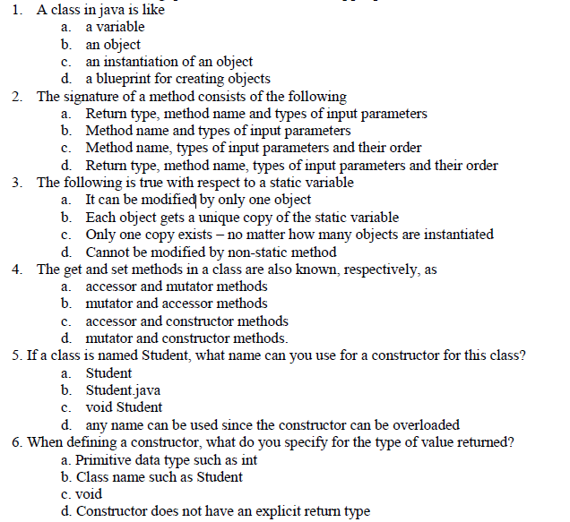 Solved 1. A class in java is like a. b. c. d. a variable an | Chegg.com
