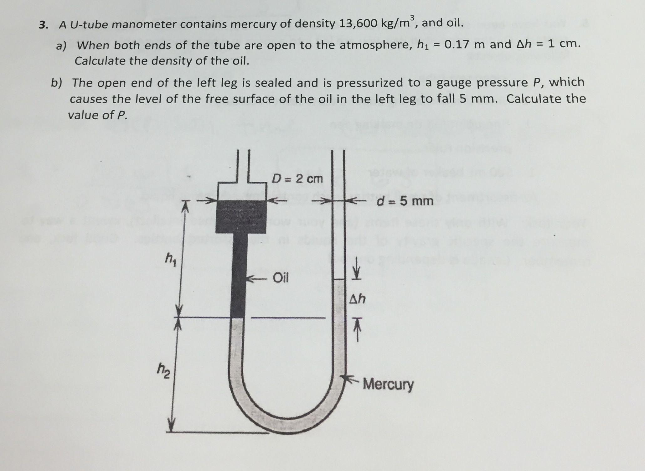 Solved 3. A U-tube manometer contains mercury of density | Chegg.com
