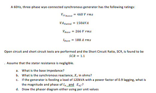 Solved A 60Hz, three-phase wye-connected synchronous | Chegg.com