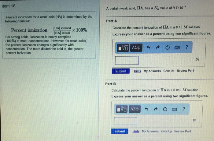Solved Percent ionization for a weak acid (HA) is determined | Chegg.com