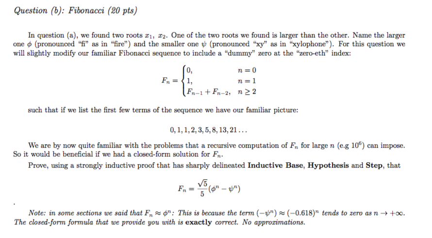 Question (b): Fibonacci (20 pts) In question (a), we | Chegg.com