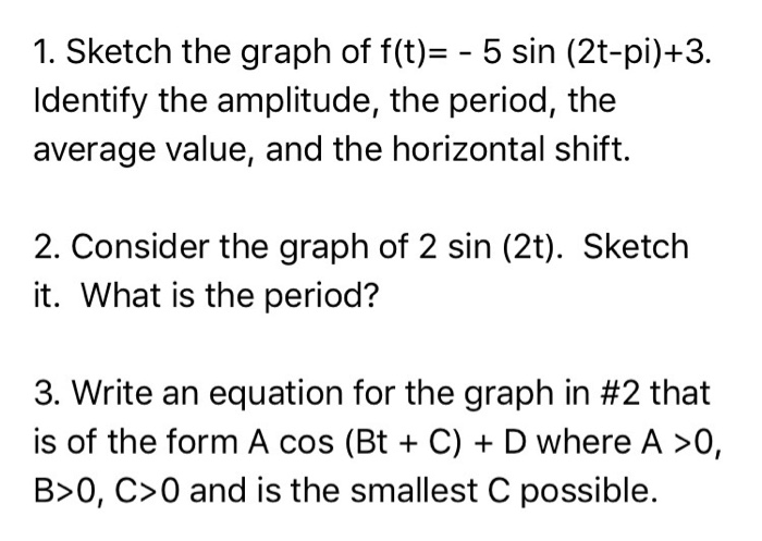 Solved Sketch the graph of f(t)= - 5 sin (2t-pi)+3. Identify | Chegg.com