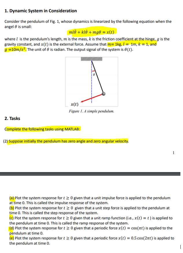 Solved Consideration Consider the pendulum of Fig. 1, whose | Chegg.com