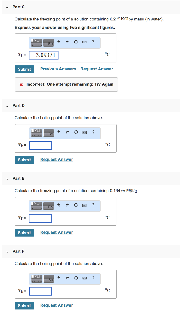 Solved Part C Calculate the freezing point of a solution | Chegg.com