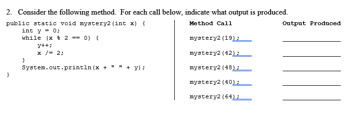 Solved 2. Consider the following method. For each call | Chegg.com
