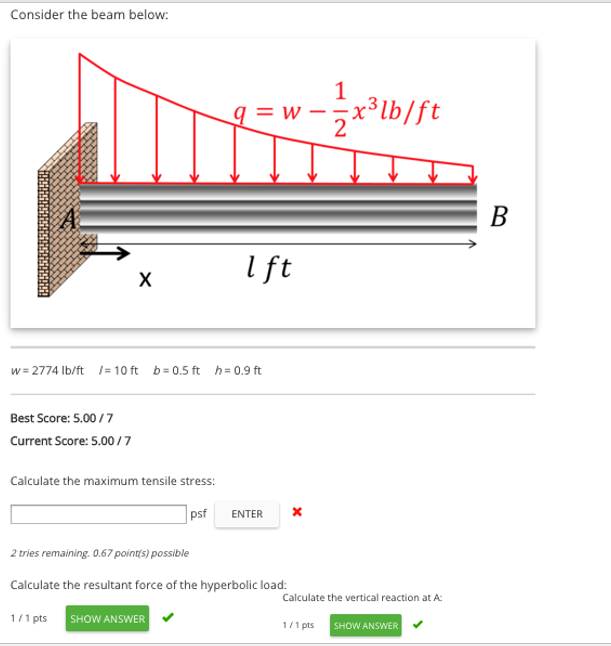 Solved Consider the beam below: x lb/ft l ft w 2774 lb/ft 10 | Chegg.com