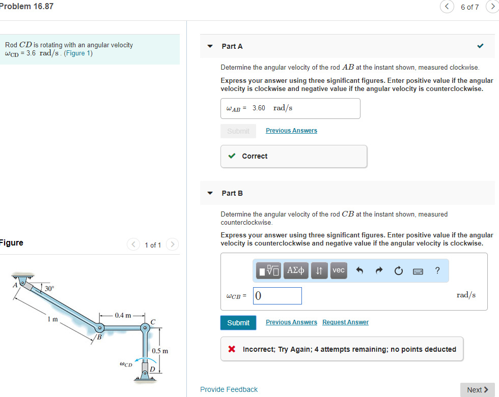 Solved Problem 16.87 6 of 7 > Rod CD is rotating with an | Chegg.com
