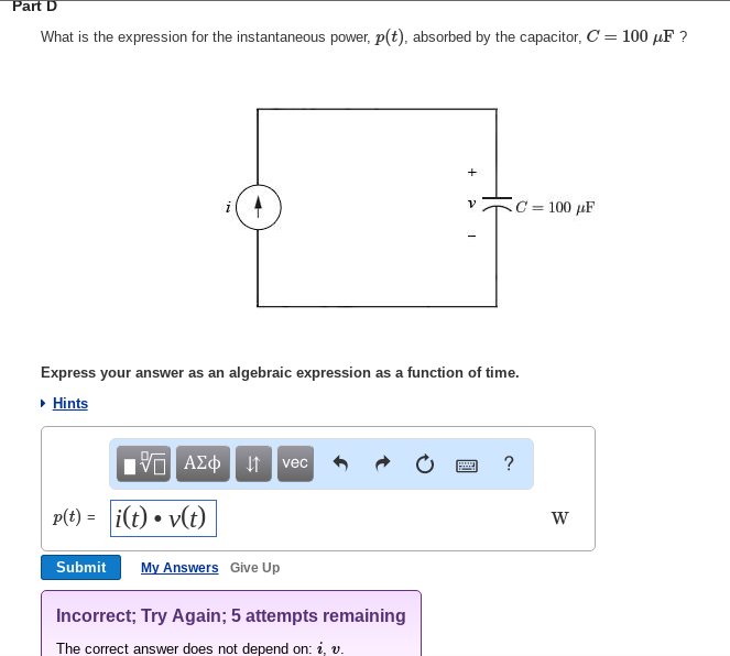 Part D What is the expression for the instantaneous | Chegg.com