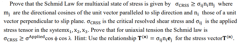 Prove that the Schmid Law for multiaxial state of | Chegg.com
