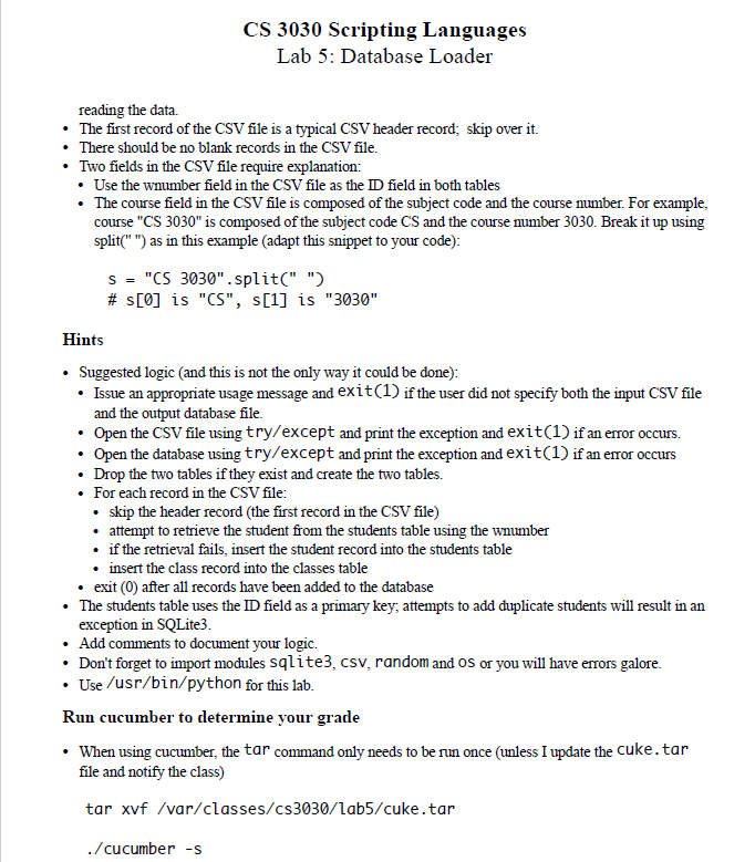 Solved CS 3030 Scripting Languages Lab 5: Database Loader | Chegg.com