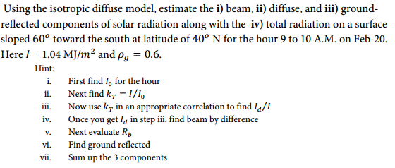Using the isotropic diffuse model, estimate the i) | Chegg.com