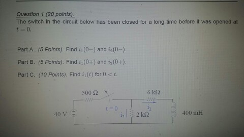 Solved The switch in the circuit below has been closed for a | Chegg.com
