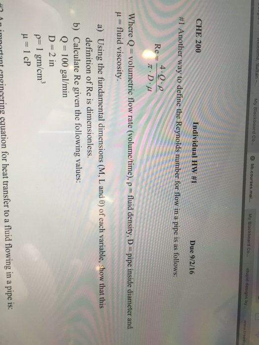 Solved Another way to define the Reynolds number for flow in | Chegg.com
