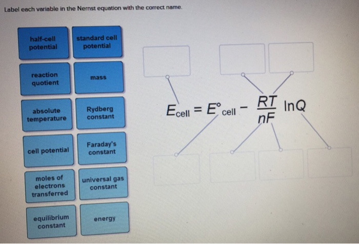 Solved Label each variable in the Nernst equation with the | Chegg.com