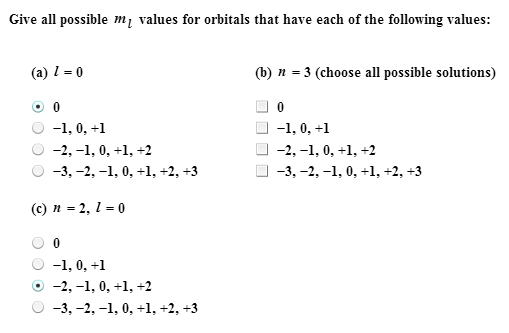 Solved Give all possible ml values for orbitals that have | Chegg.com