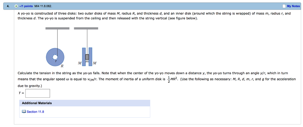 Solved A yo-yo is constructed of three disks: two outer | Chegg.com