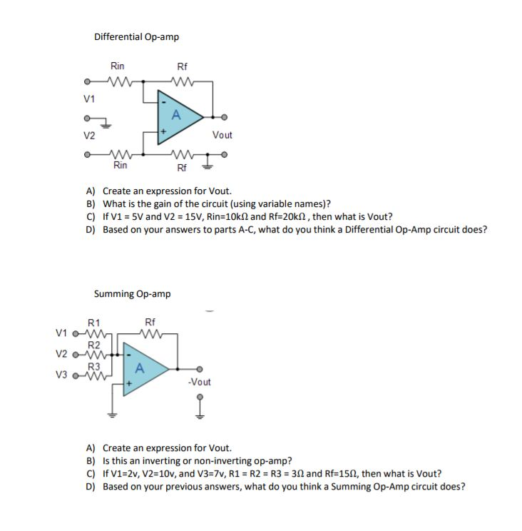 Solved Differential Op-amp in Rf V1 V2 Vout Rin Rf A) B) C) | Chegg.com