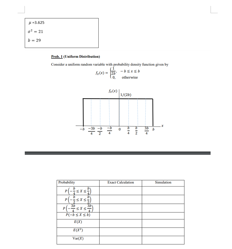 Solved μ =3.625 o-= 21 b=29 Prob: 1 (Uniform Distribution) | Chegg.com