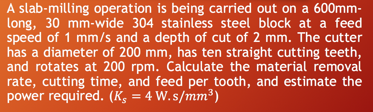 Solved A slab-milling operation is being carried out on a | Chegg.com