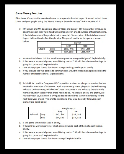 Game Theory Exercises Directions Complete the | Chegg.com